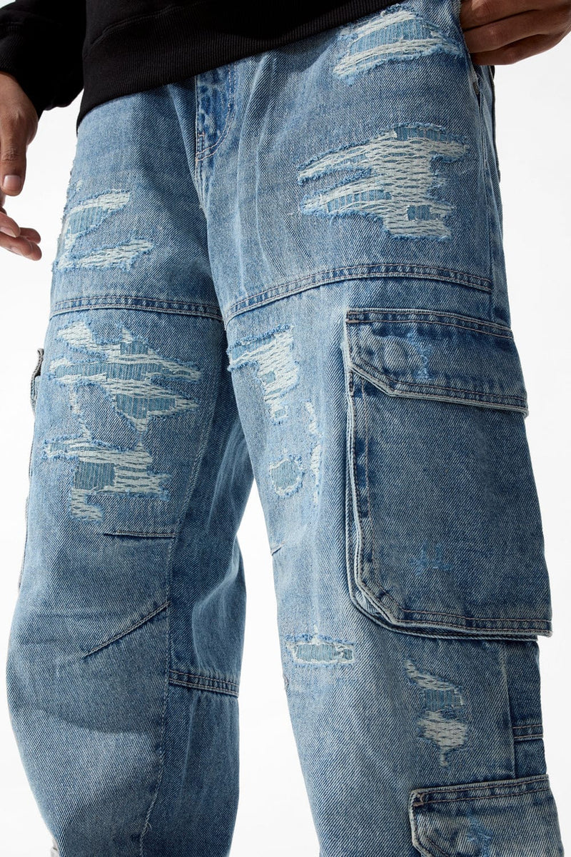 Wide Leg Fit - Blue Collar Cargo Denim (Aged Wash) - Brian Collection